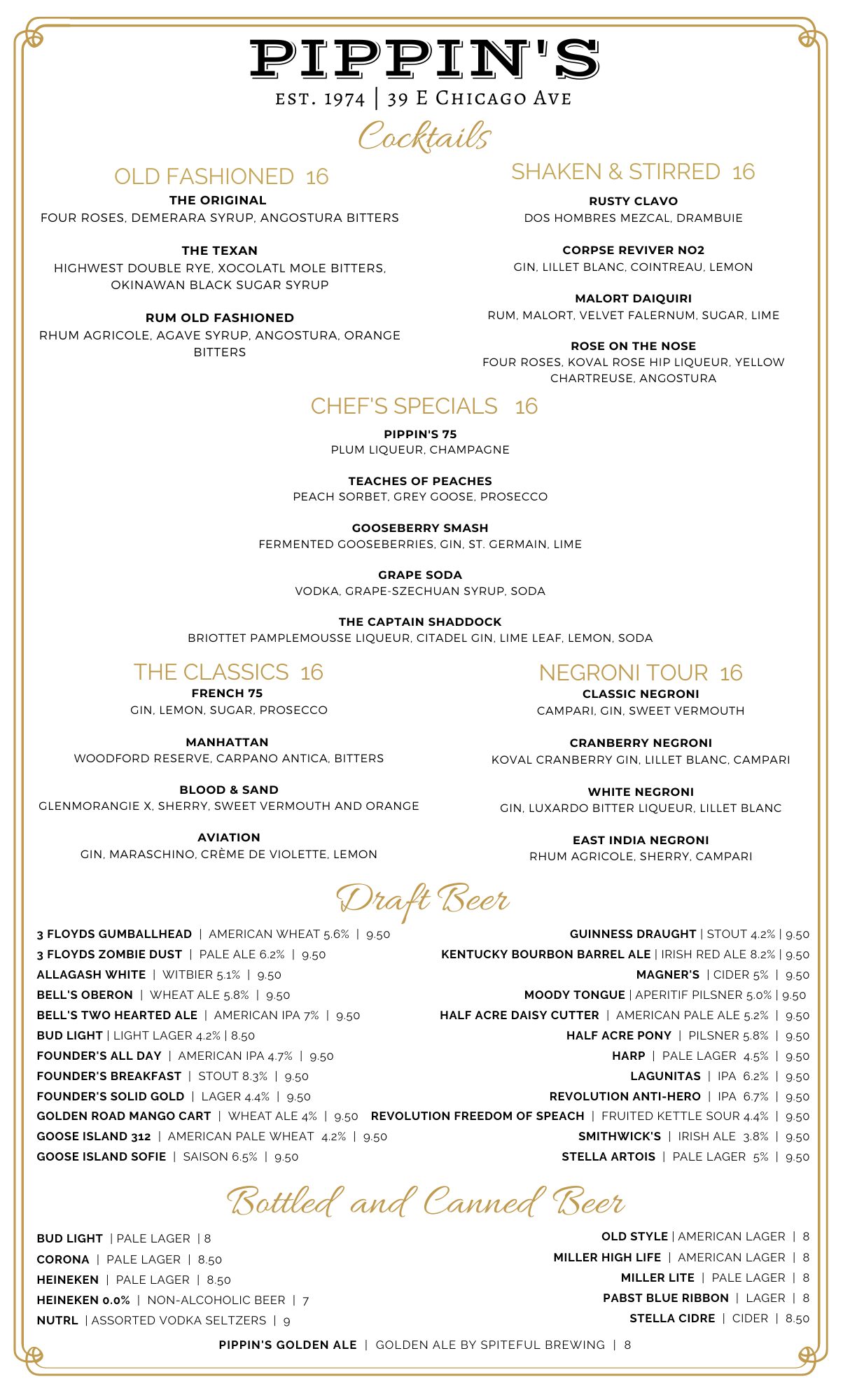 OUR MENU – Pippin's Tavern – Your Chicago Neighborhood Pub