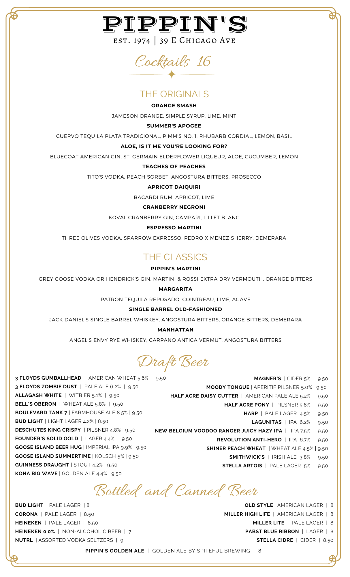 OUR MENU – Pippin's Tavern – Your Chicago Neighborhood Pub