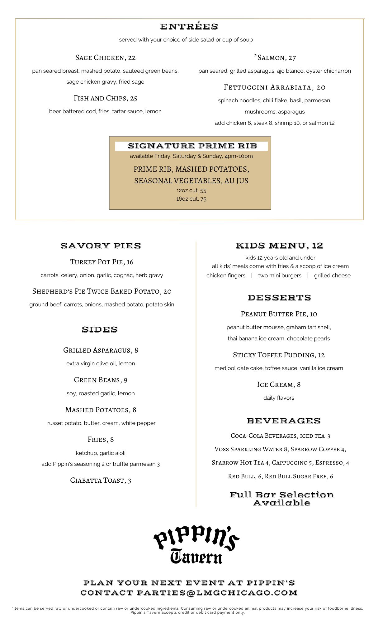 OUR MENU – Pippin's Tavern – Your Chicago Neighborhood Pub