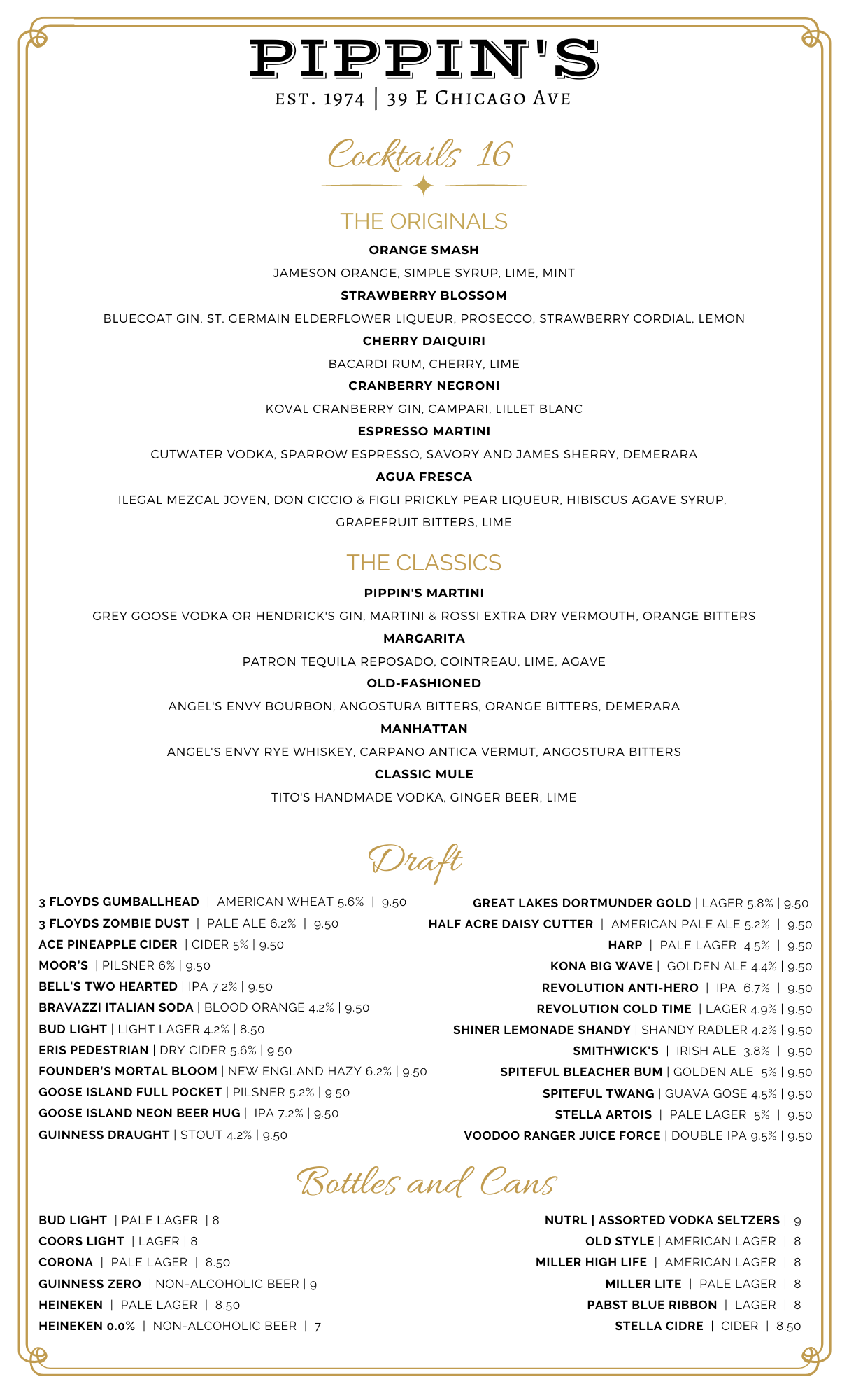 DRINK MENU – Pippin's Tavern – Your Chicago Neighborhood Pub
